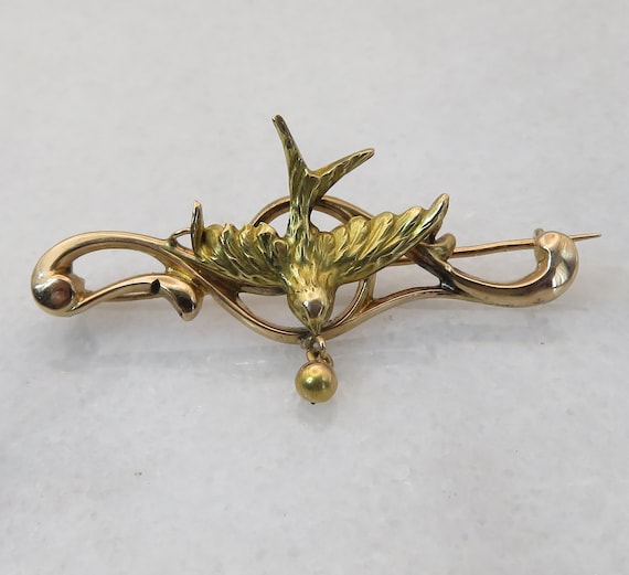 Antique 14k Seed Swallow Bird Brooch Pin. - Gem