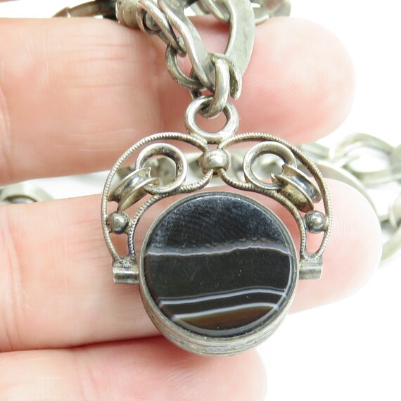 Victorian Sterling Silver Agate Fob Pendant Chain Dou… - Gem