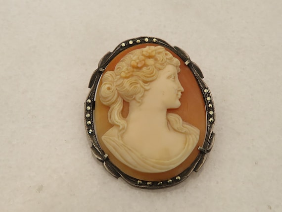 Antique Victorian 800 Silver Cameo Marcasite Pendant … - Gem Antique Victorian 800 Silver Cameo Marcasite Pendant … - Gem