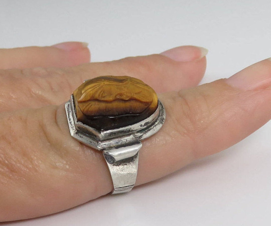 Antique 830 Silver Norway Tiger Eye Double Intaglio Ring. - Etsy