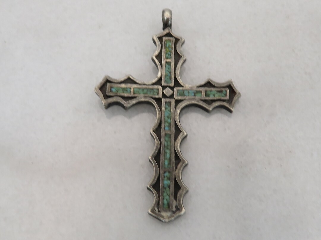 Zuni Sterling Turquoise Inlay Cross Pendant. - Etsy