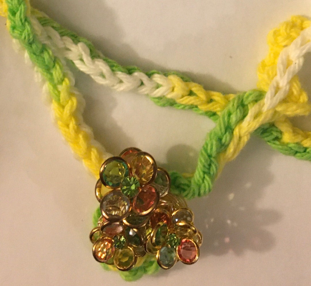 Crochet 2 Strand With Crystal Beads Necklace in Yellow , Green ,white ...