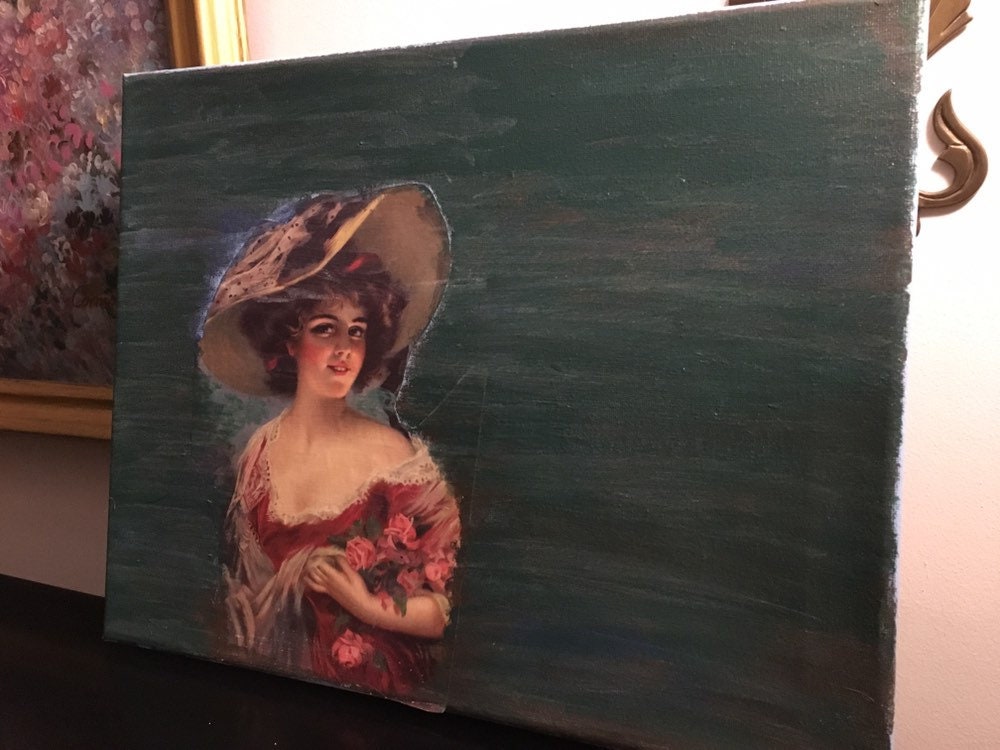 Art Collage Victorian Lady and Roses on Painted Dark Green - Etsy