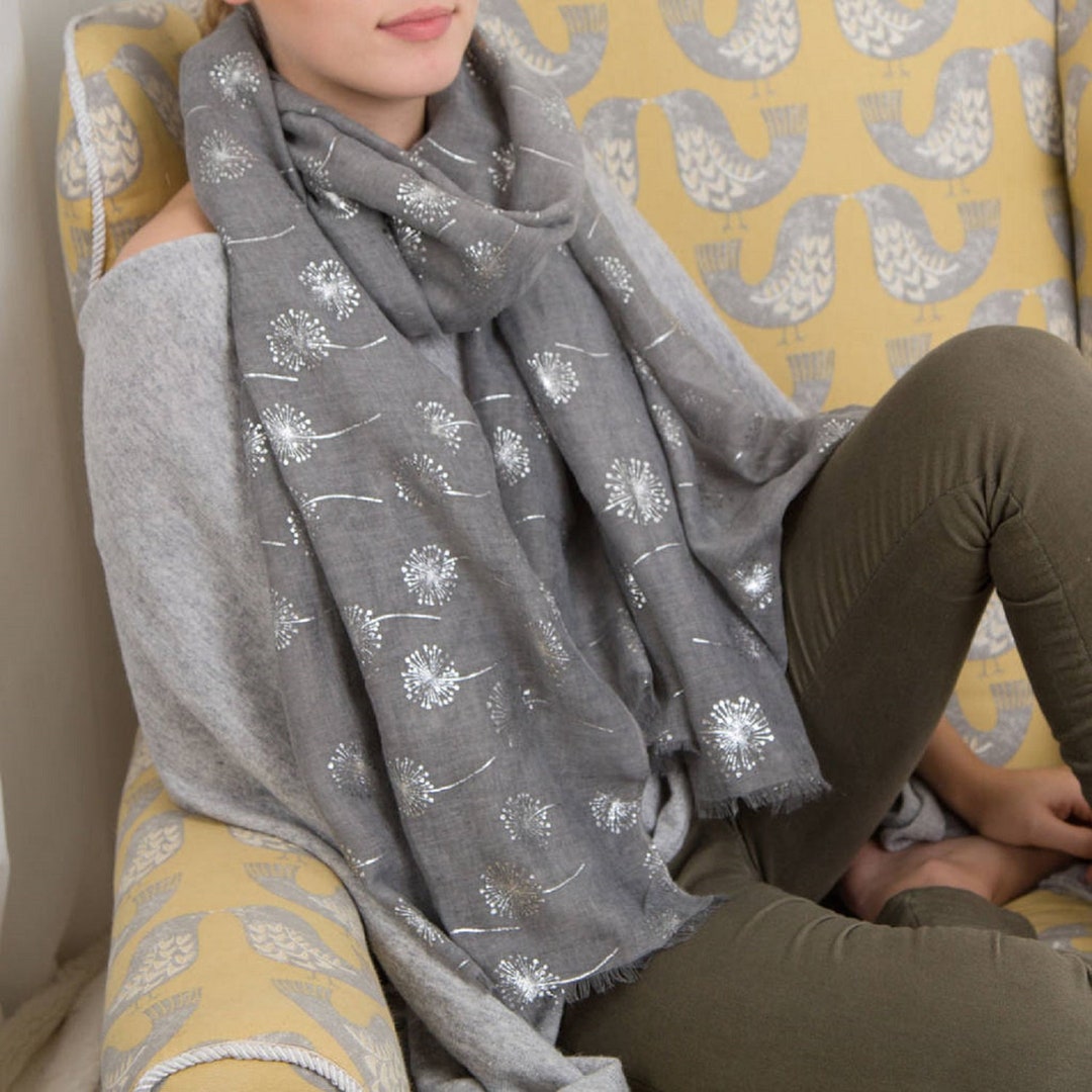 Dandelion Scarf, Wrap, Shawl, Dandelion Flower, Foil Print, Silver Foil ...