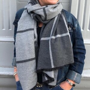 Wool Blend Checked Reversible Blanket Scarf, Warm Scarf, Fashionable ...