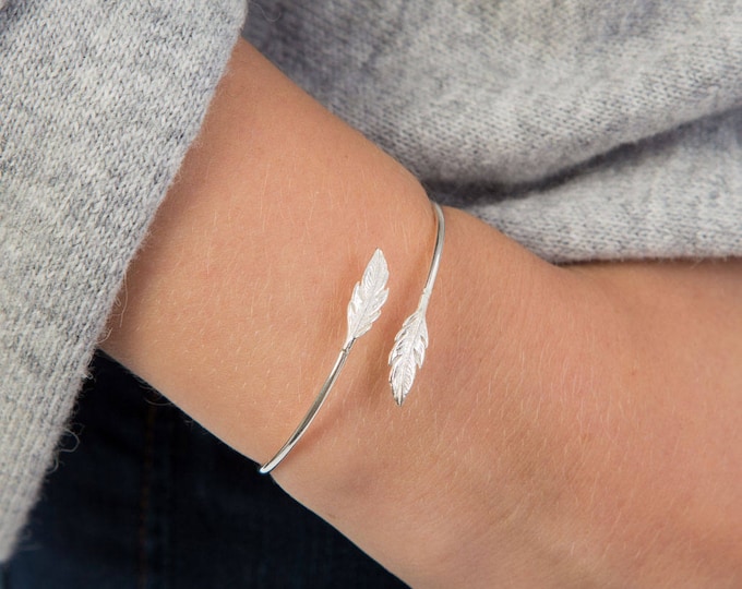 Silver Feather Bracelet With Gemstone Beads Gold Feather Bracelet Gift ...