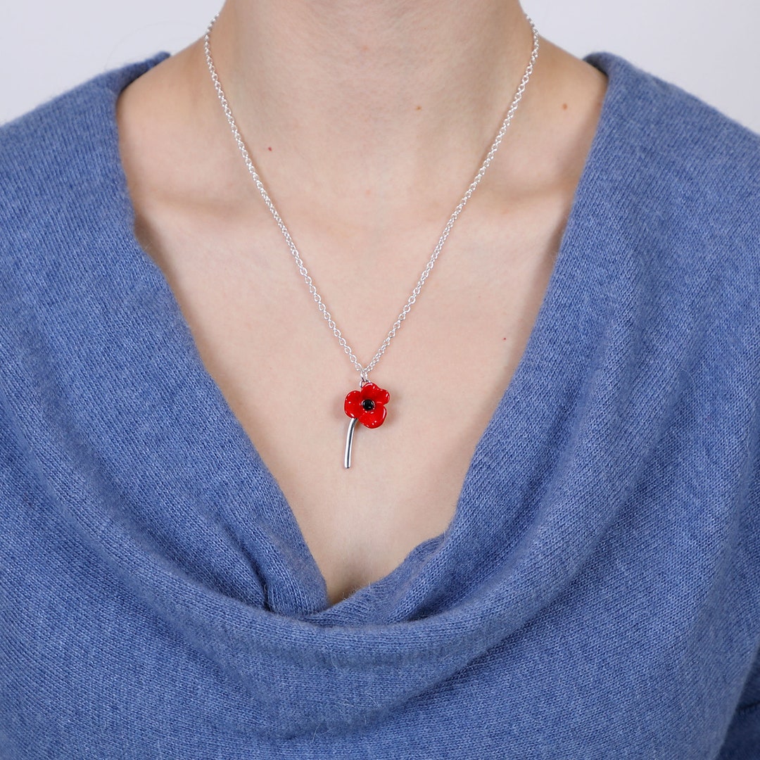 Red Poppy Flower Pendant Necklace: Silver Remembrance Jewelry - Etsy UK
