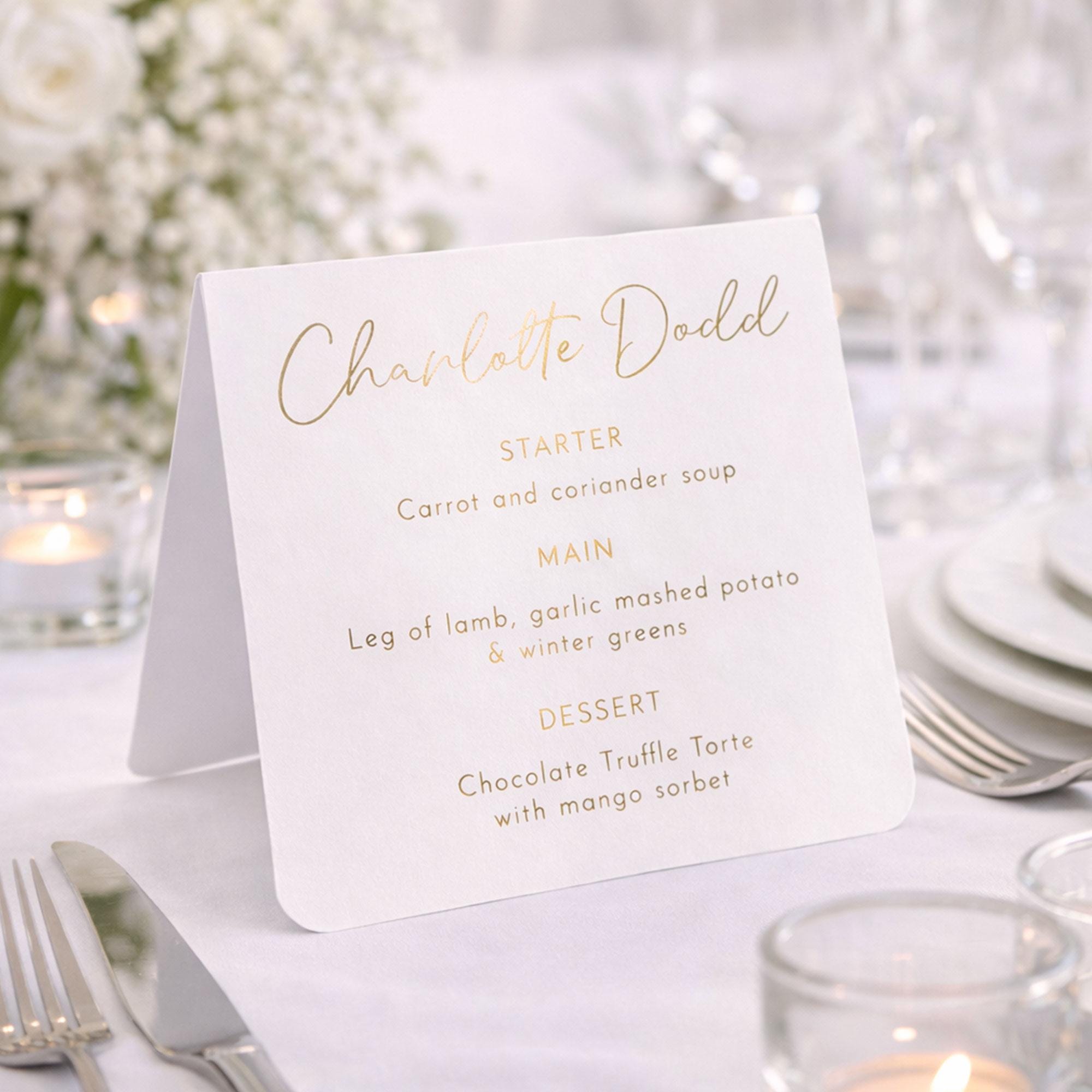 Gold Foiled Menu Place Card, Elegant Wedding Tent Card, Personalised ...