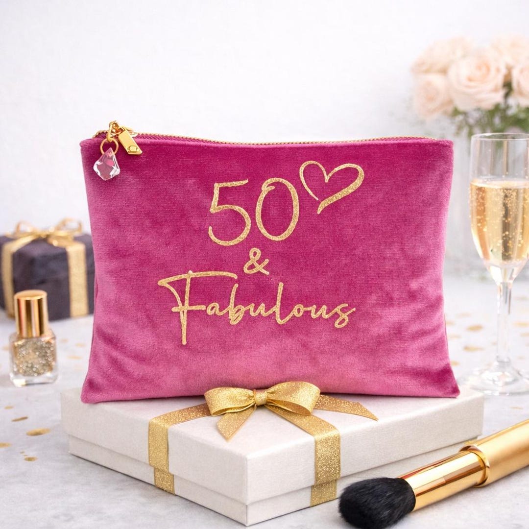50 & Fabulous Pink Velvet Feel Makeup Bag, 50th Birthday Gift for Her ...