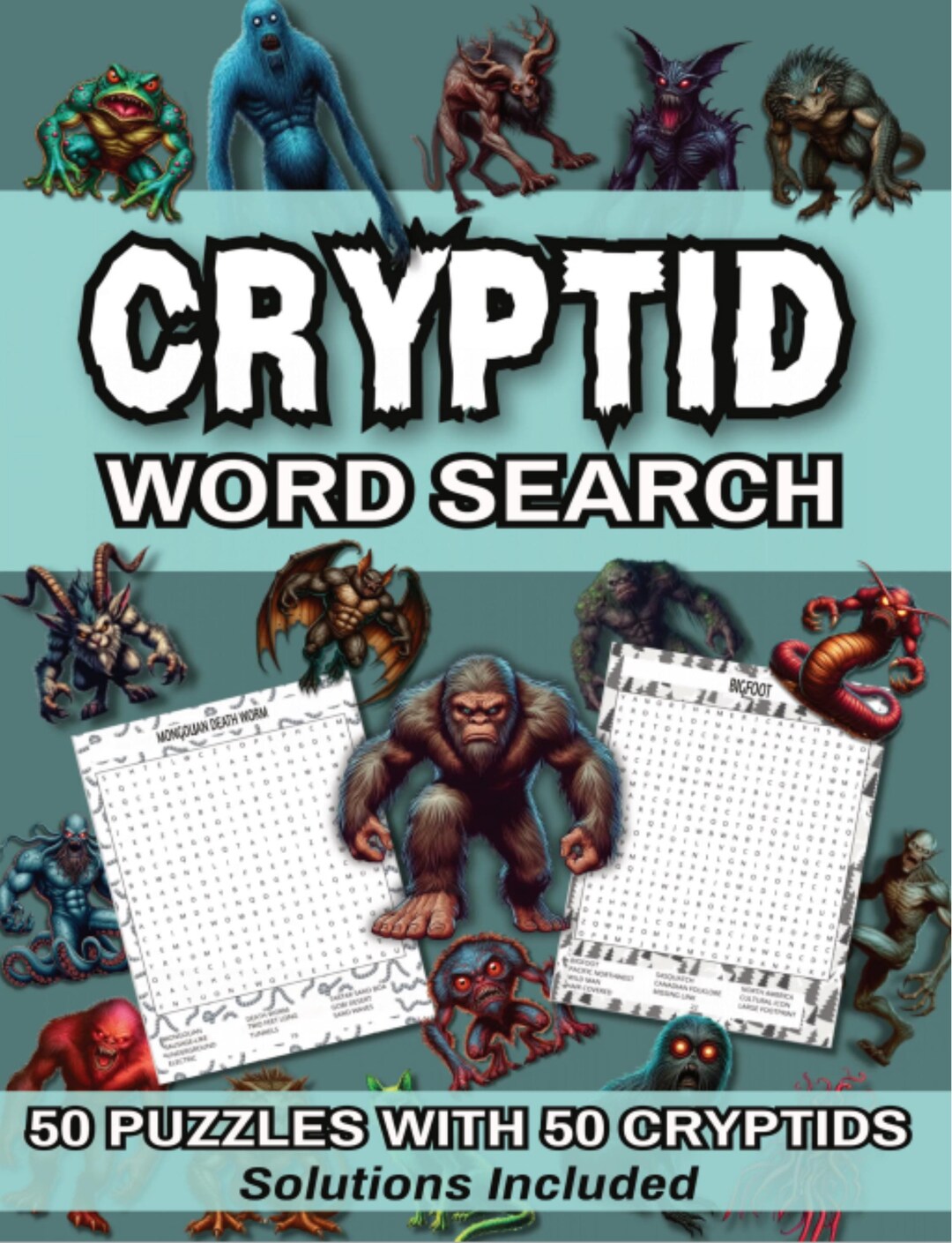 Cryptid Word Search Puzzles. 50 Cryptid Creatures in 50 Themed Puzzles. With Bigfoot, Dogman ...