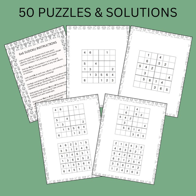 6x6 Sudoku for Kids. 50 Sudoku Printable Puzzles With Solutions. Animal ...