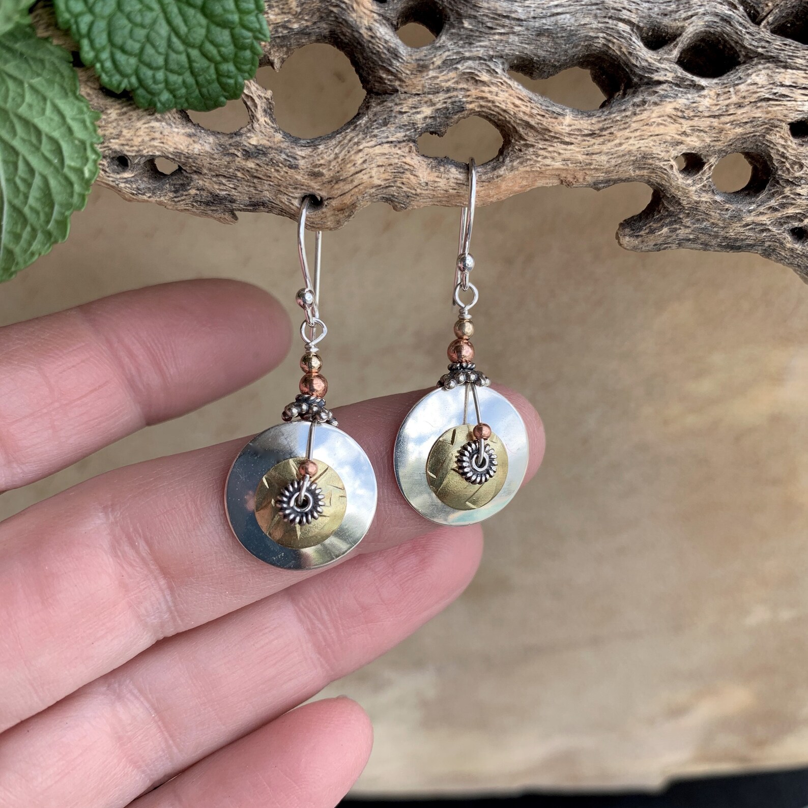 Mixed Metals Disk Earrings/ Silver Brass and Copper Dangle - Etsy