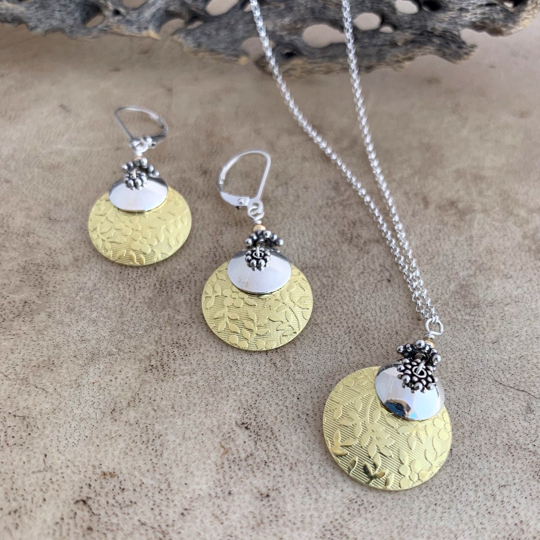 Two-tone Disk Jewelry Set: Flower Embossed Brass, Sterling Silver Chain ...
