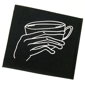 Alien Hand Holding Cup Patch Print on Black Cotton Canvas - Etsy