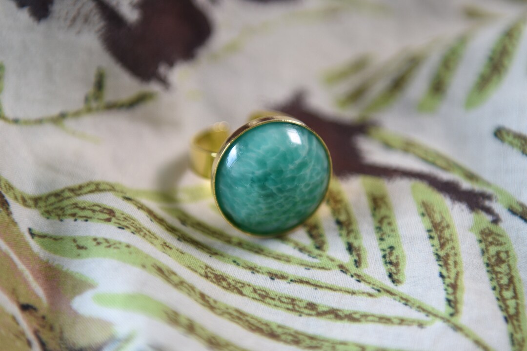 Jade Green Matrix Glass Stone Ring: Adjustable Gold Cocktail Ring - Etsy