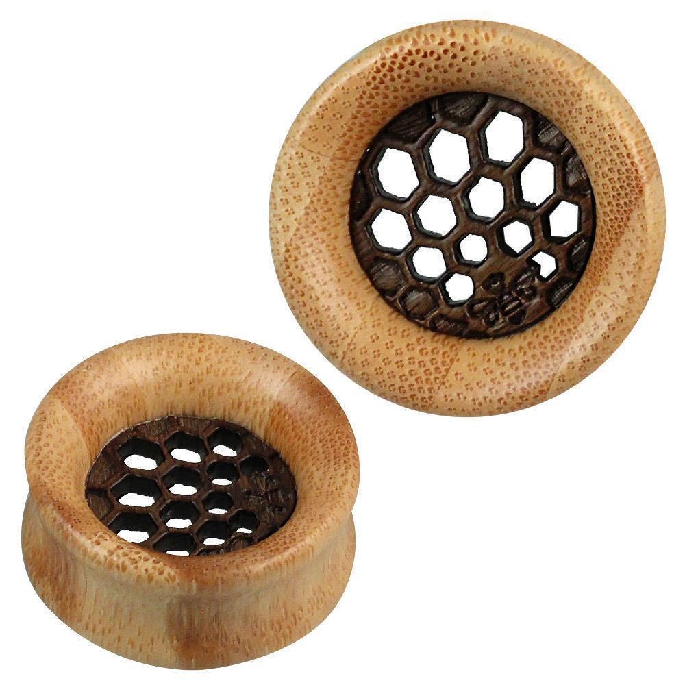 Wood Tunnel Plug Bright Textured Dark Inlay Honeycomb Pattern Tribal ...