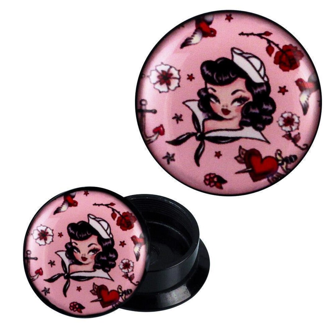 Screw Plug Acrylic Pin up Woman Sailor Pink Expander Piercing Earrings ...