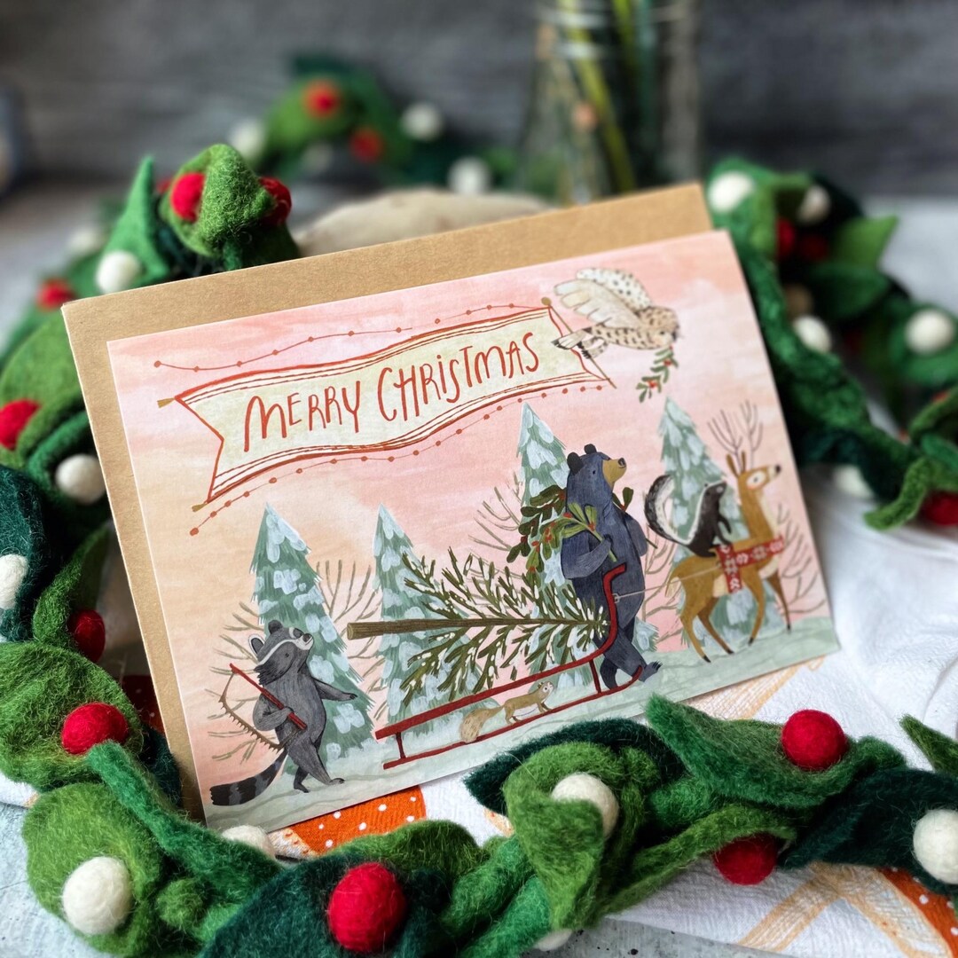 Tree Cutting Holiday Christmas Card | Woodland Animals Christmas Cards ...