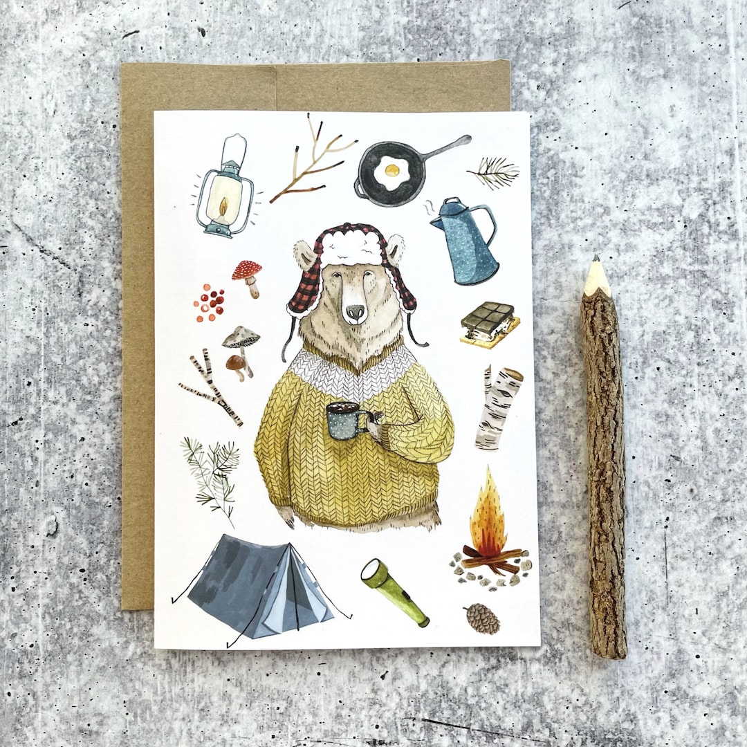 Camping Bear Card | Outdoor Cards, Woodland Animal Cards, Whimsical ...
