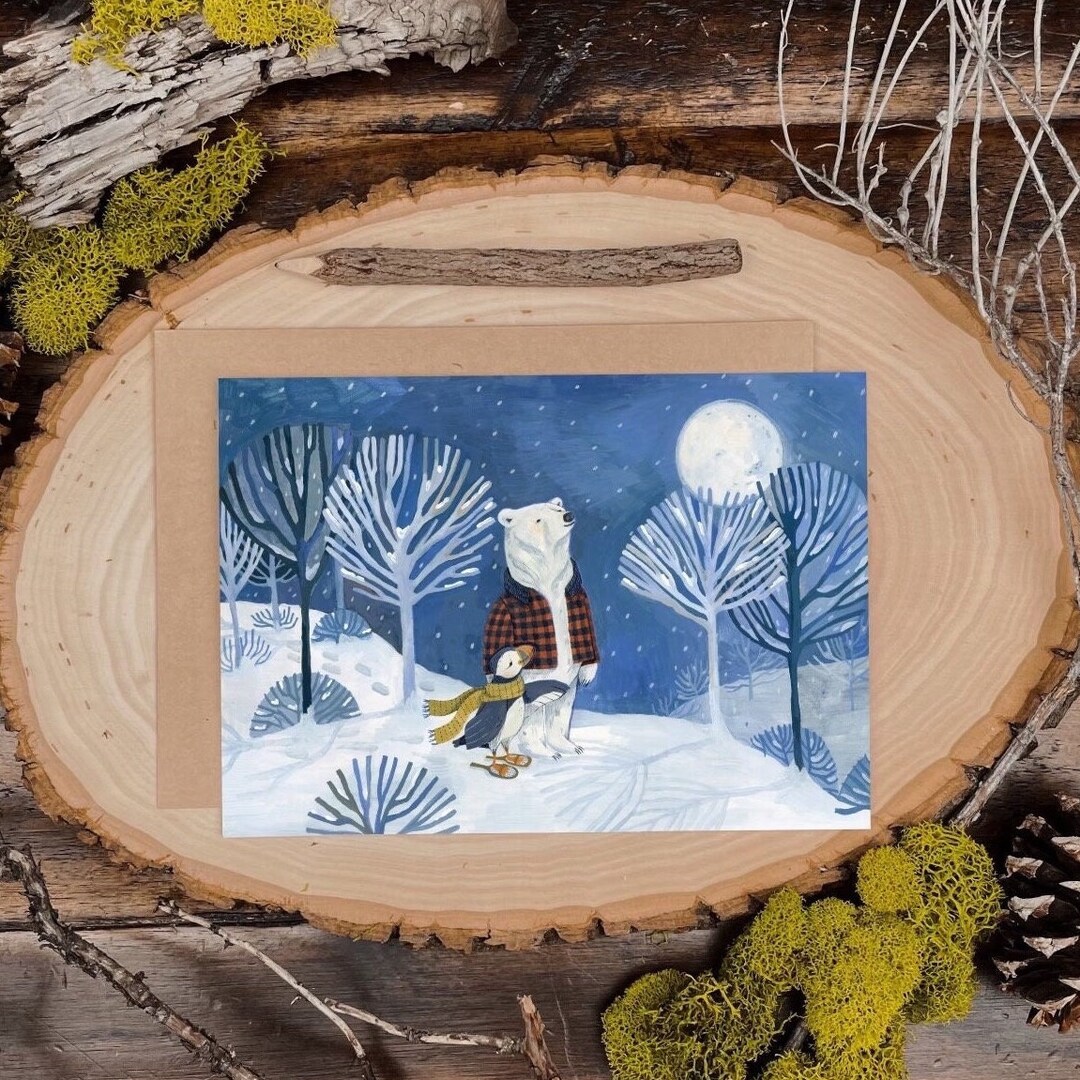 Winter Moon Card | Woodland Animals Christmas Cards, Woodland Cozy ...