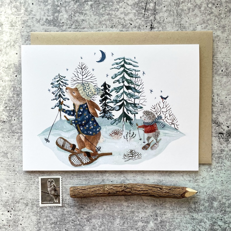 Alpine Snowshoeing Card Outdoor Cards Woodland Animal - Etsy