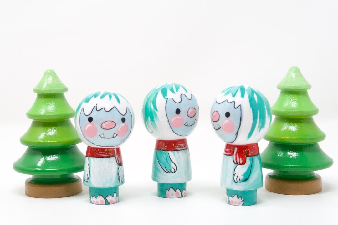 Festive Yeti, Kokeshi Style Yeti, Wooden Yeti Toy, Hand Painted Yeti ...