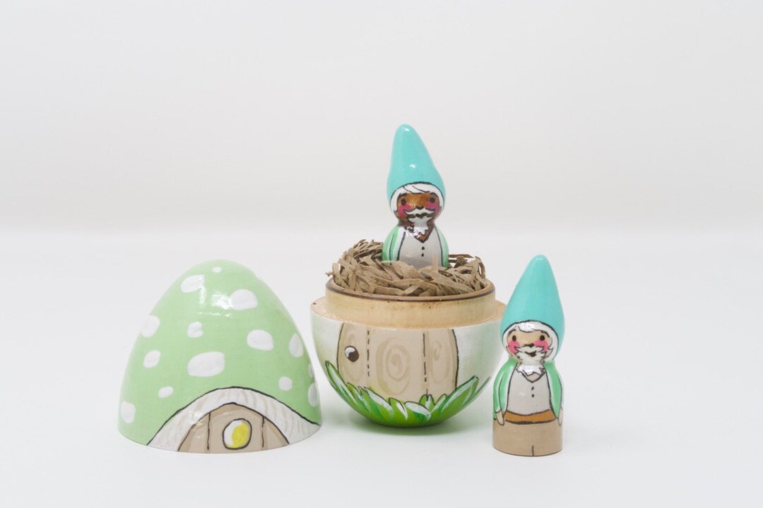 Mini Bearded Gnome and Mushroom House Egg, Hollow Wooden Egg and Figure ...