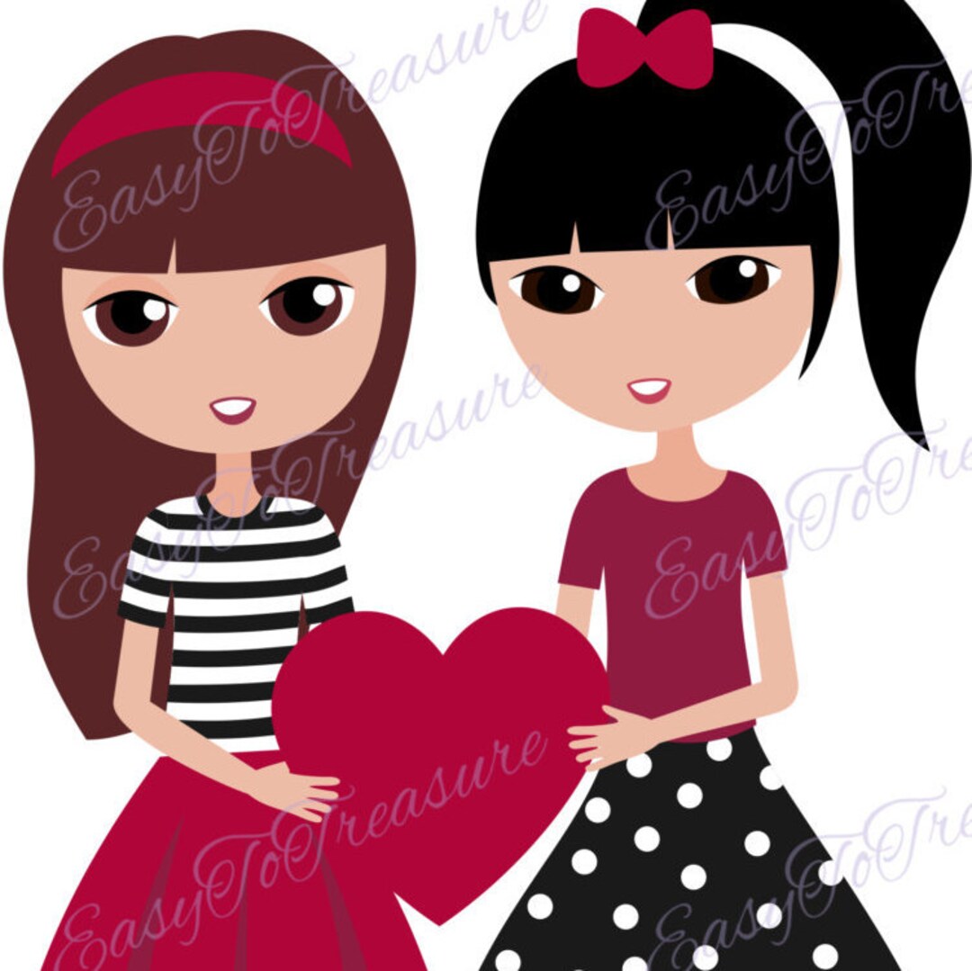 Digital Download Clipart – Valentine Clipart Girl Friends With Heart ...