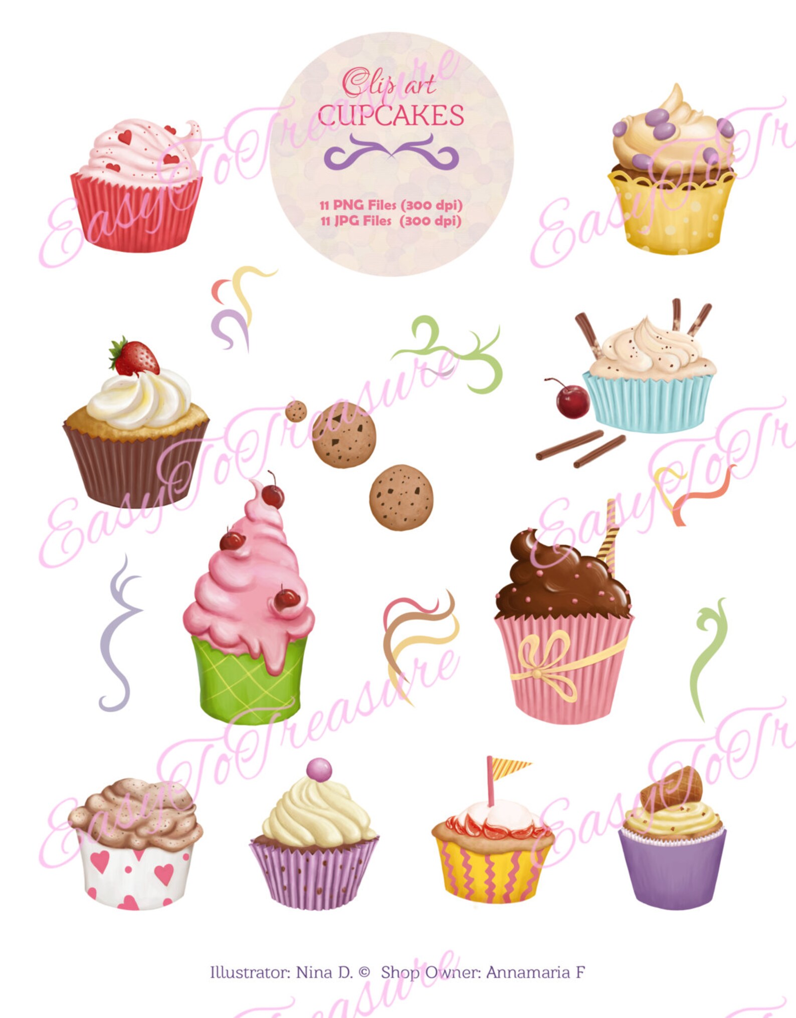 Digital Download Clipart – Variety of 11 Cupcake Designs in JPEG and ...