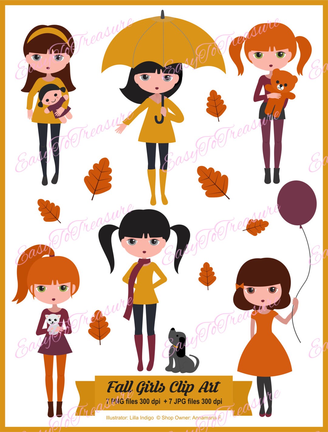Digital Download Clipart – Variety of 7 Fall Autumn Girls JPEG and PNG ...