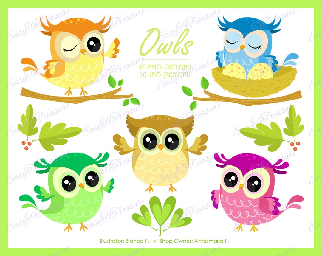 Digital Download Clipart – Variety of 10 Owl With Big Eyes and Spring ...