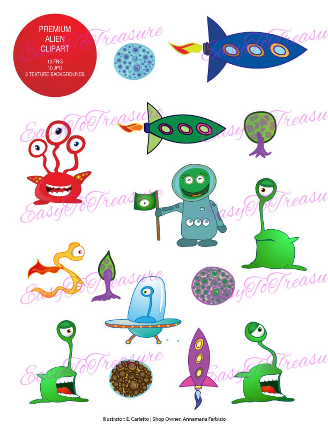 Digital Download Clipart – Variety of 10 Space Alien Rocket Spaceship ...