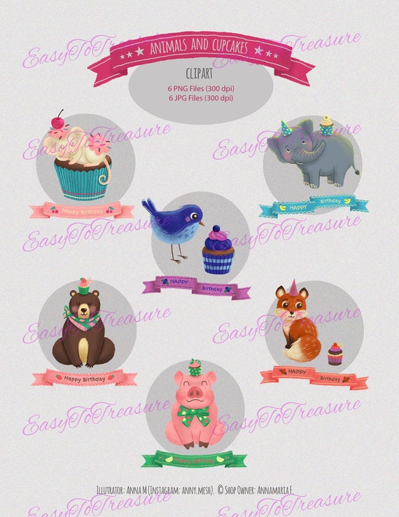 Digital Download Clipart 6 Animals and Cupcakes Clipart | Etsy