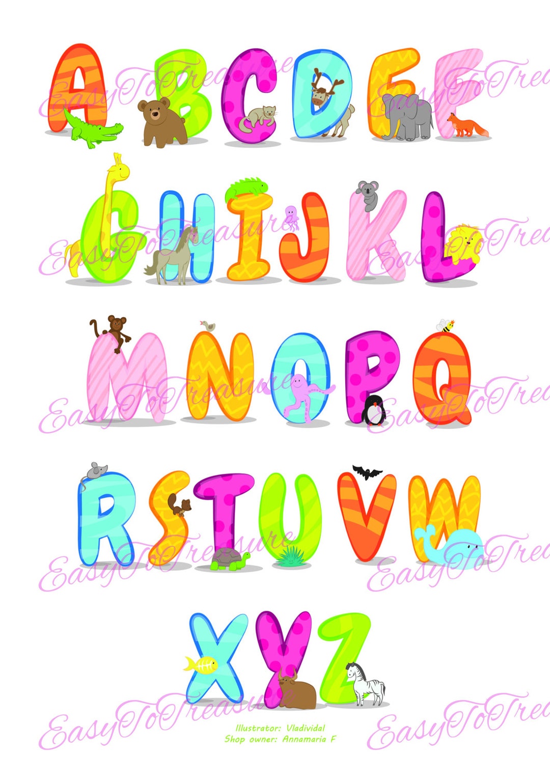 Digital Download Clipart – Variety of 26 Animal Alphabet Clip Art ...