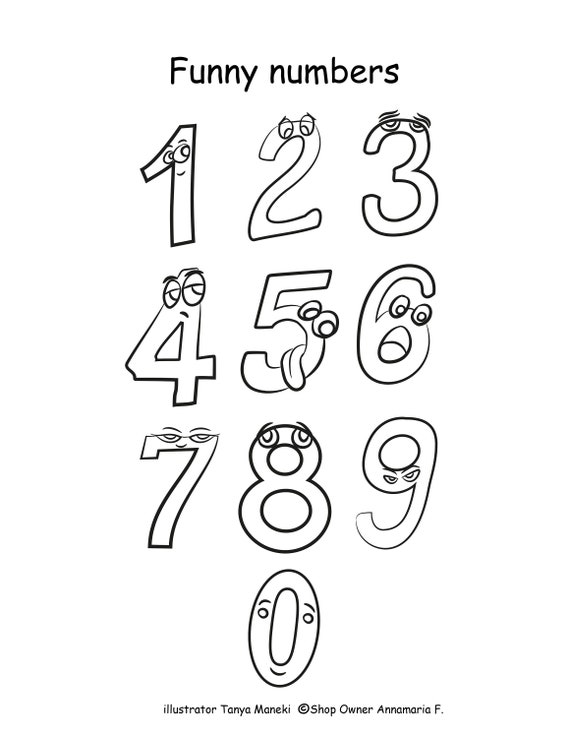 Coloring Sheet and Downloadable Clip Art Cartoon Numbers | Etsy