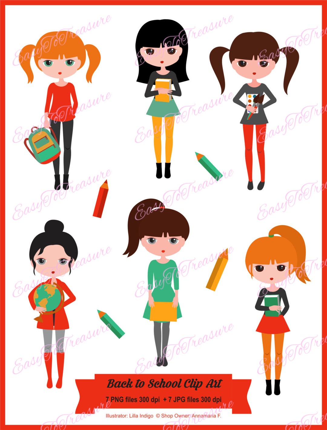 Digital Download Clipart – Variety of 7 Back to School School Girls ...