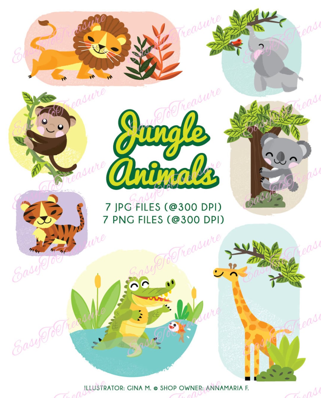 Digital Download Clipart – Variety of 7 Jungle Animal Designs in JPEG ...