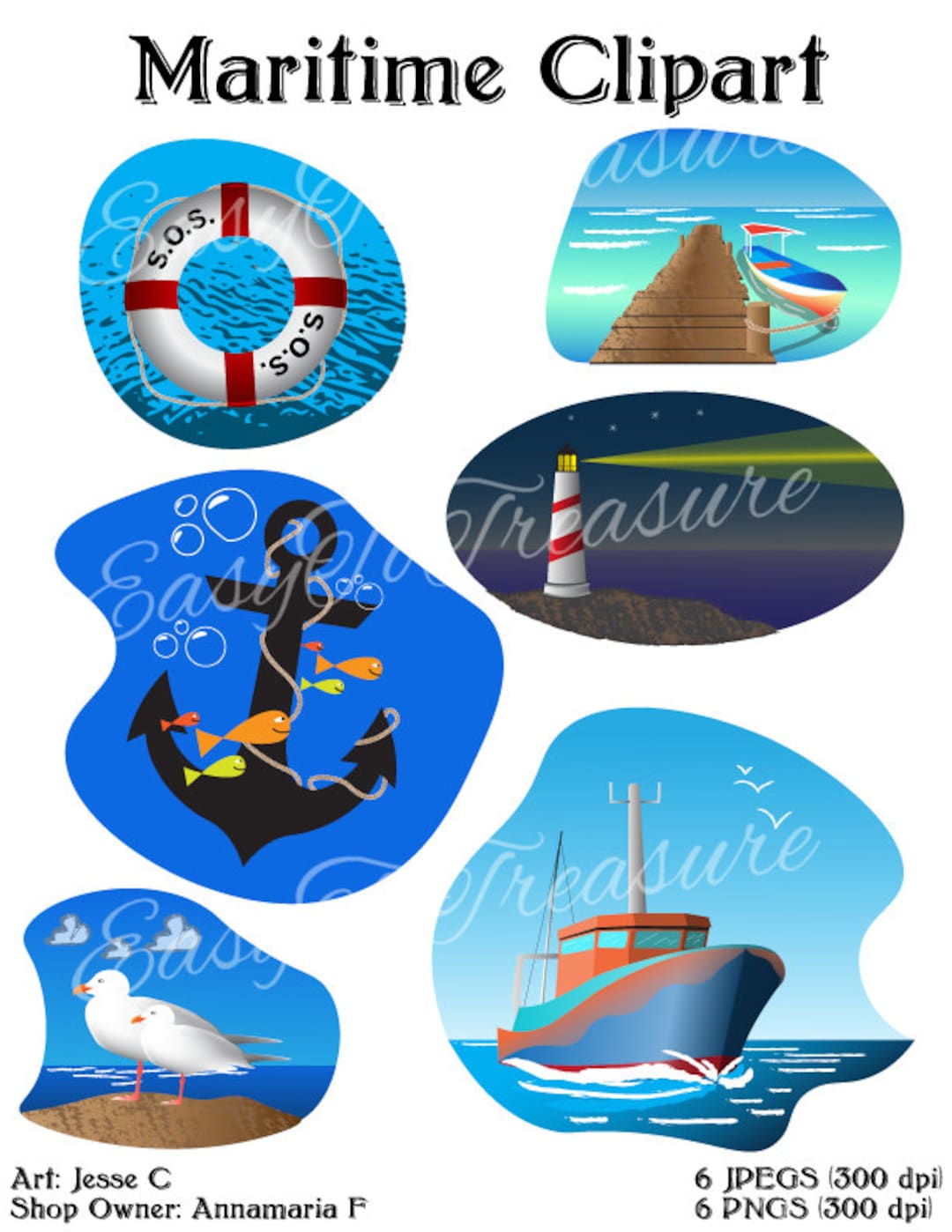 Digital Download Clipart – Variety of 6 Maritime Ocean Life #1 JPEG and ...
