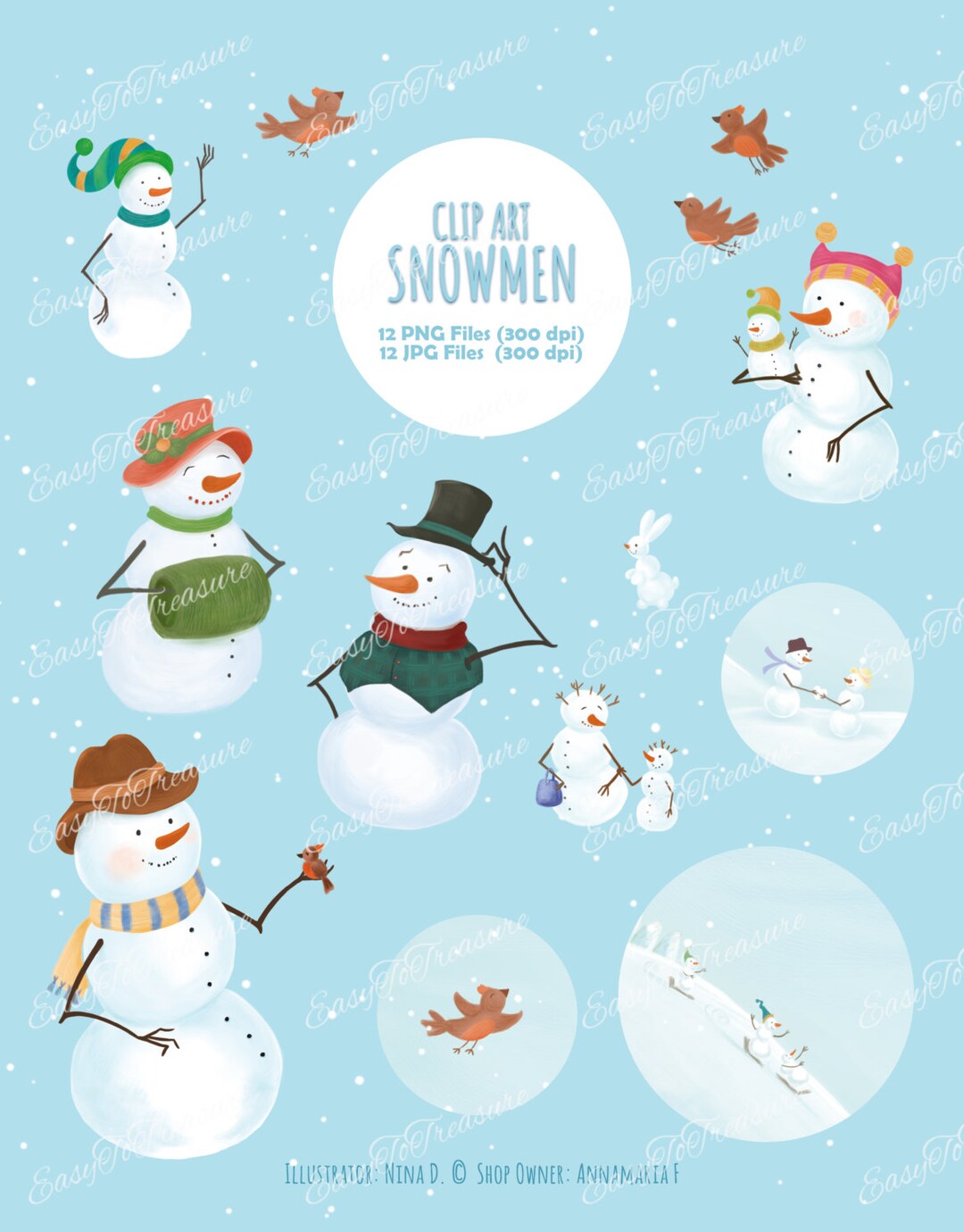 Cute Snowmen Clipart, Printable Art for Holiday Cards, Christmas Craft ...