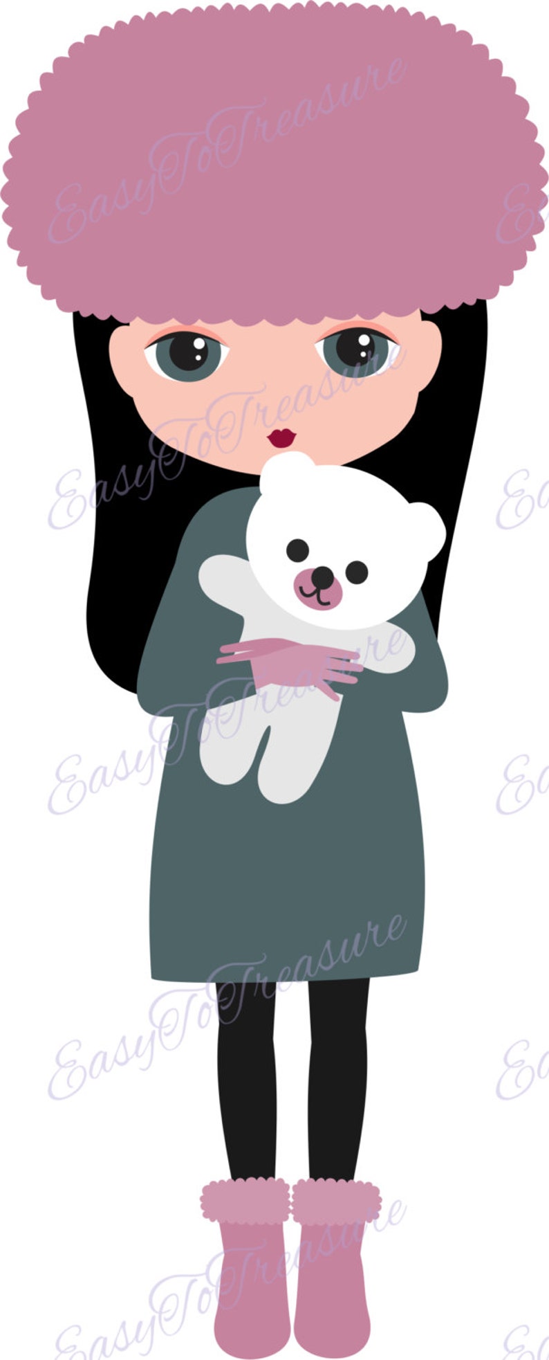 Digital Download Clipart – Dark-haired Winter Girl With Teddy Bear JPEG ...
