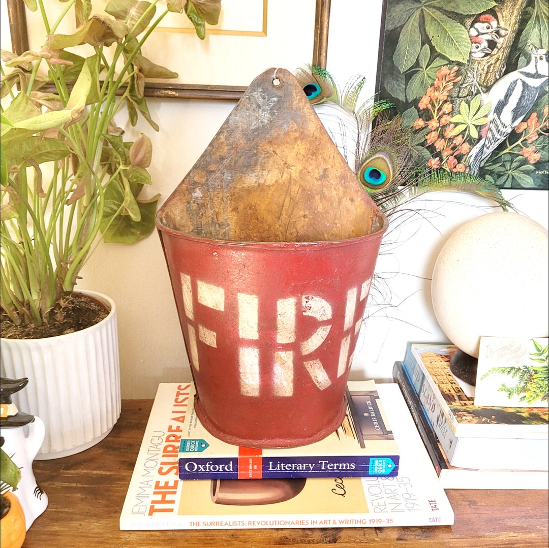Antique Fire Bucket Small Stencilled Red Metal Wall Mounted Sand Bucket ...