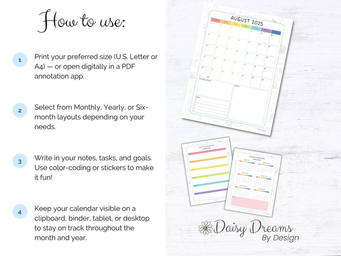 School Calendar Printable 2025-2026 | Doodle Academic Planner PDF ...