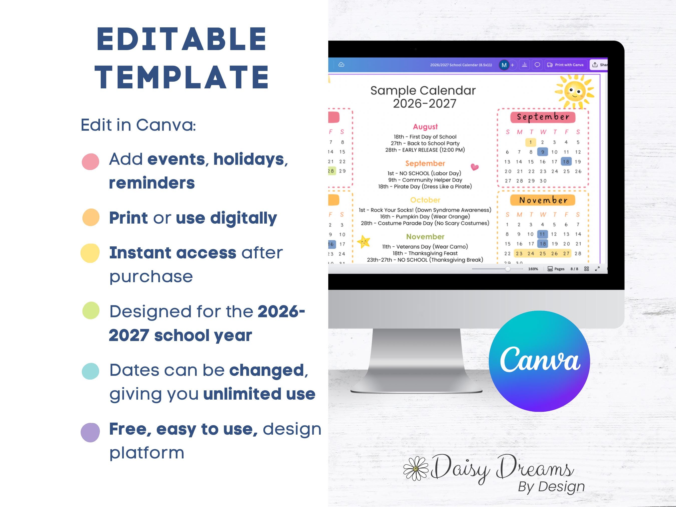 Editable School Calendar Canva Template, Rainbow PTA PTO Club Planner ...