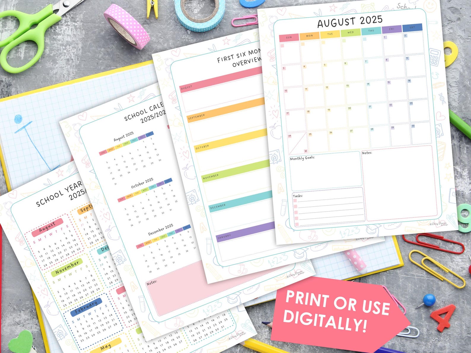 School Calendar Printable 2025-2026 | Doodle Academic Planner PDF ...