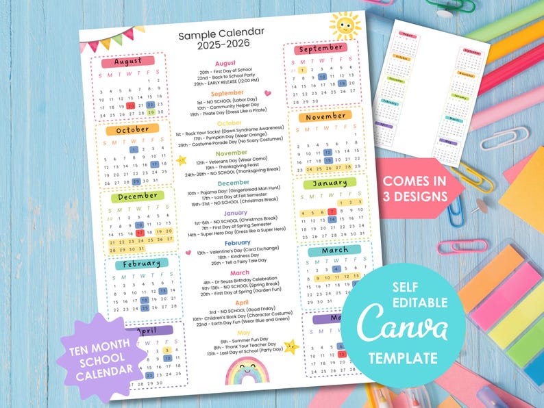Editable School Calendar Canva Template, Rainbow PTA PTO Club Planner ...