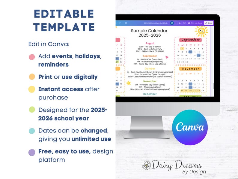 Editable School Calendar Canva Template, Rainbow PTA PTO Club Planner ...