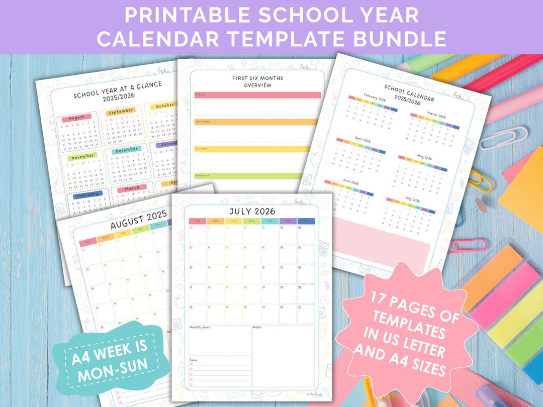 School Calendar Printable 2025-2026 | Doodle Academic Planner PDF ...