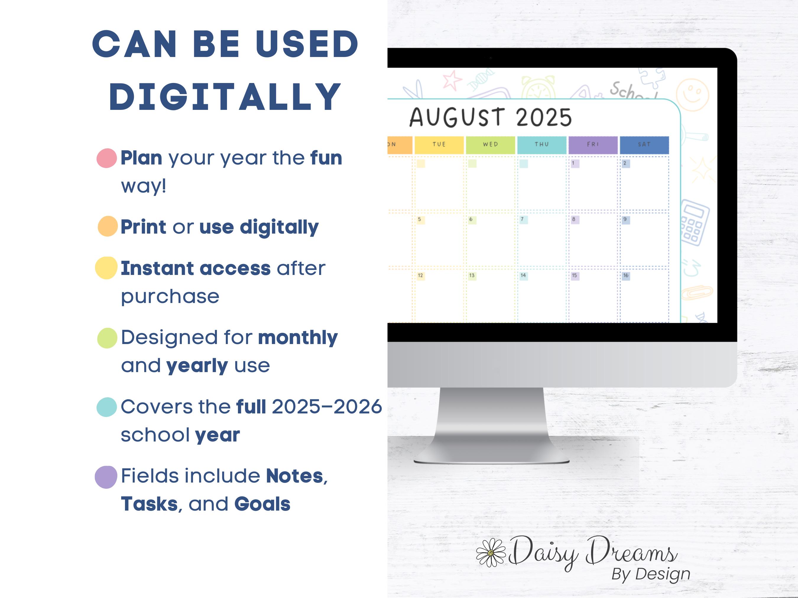 School Calendar Printable 2025-2026 | Doodle Academic Planner PDF ...