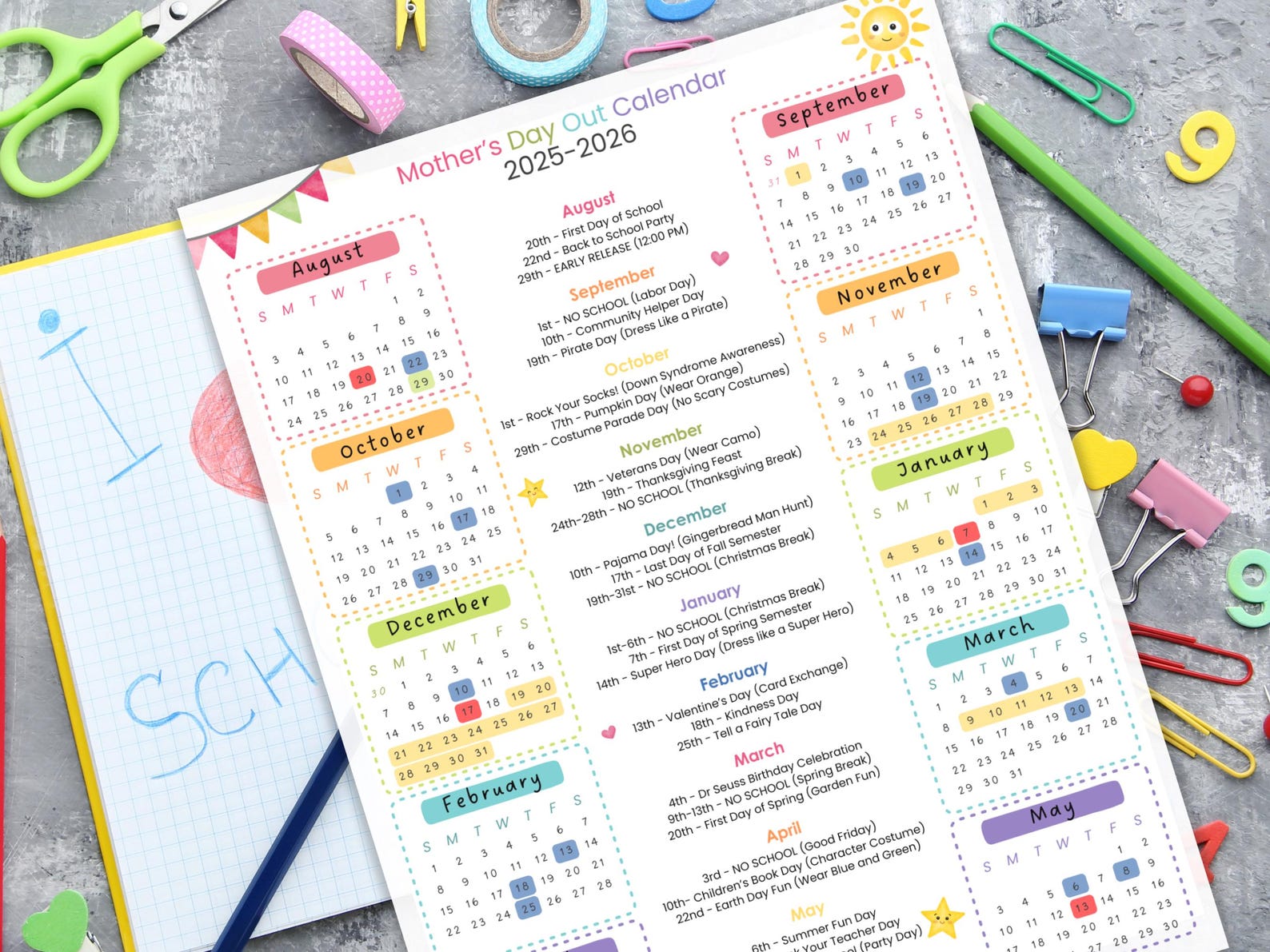 Editable School Calendar Canva Template, Rainbow PTA PTO Club Planner ...