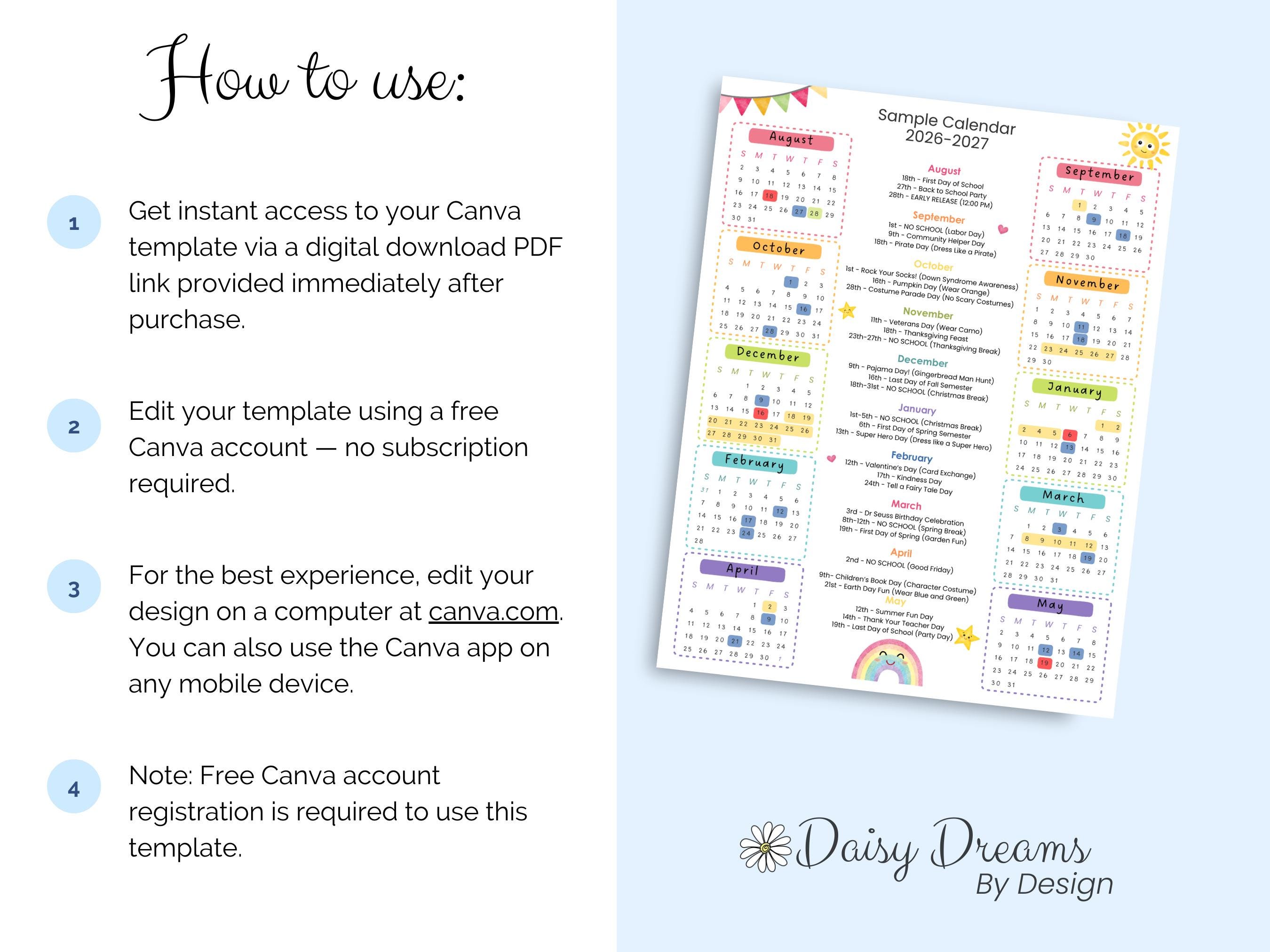 Editable School Calendar Canva Template, Rainbow PTA PTO Club Planner ...